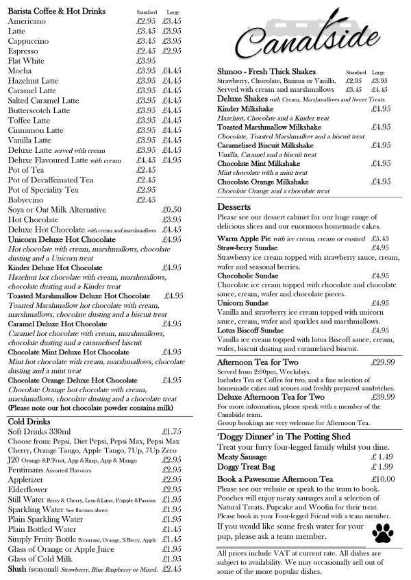 Canalside Menu – Whilton Locks Garden Village